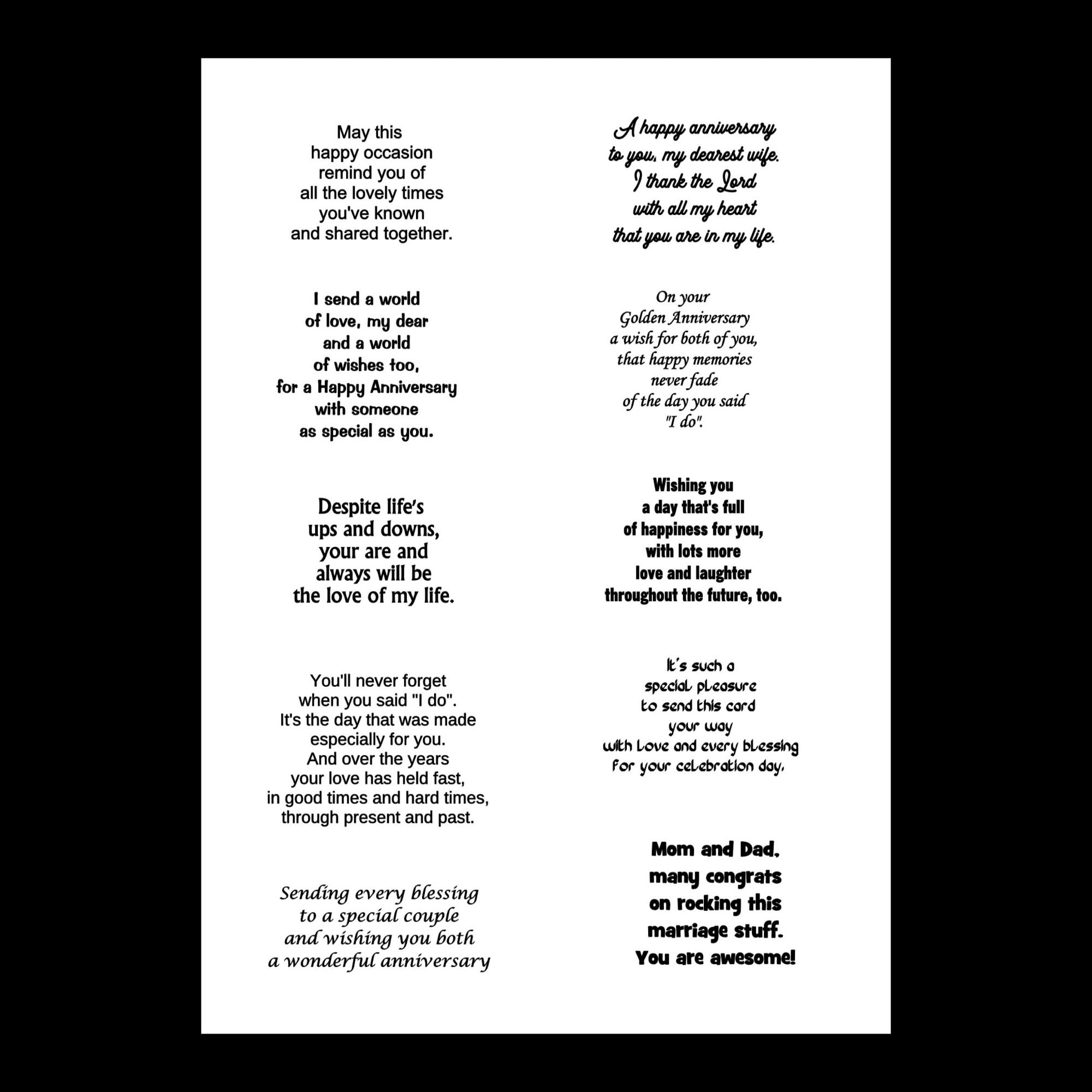 Anniversary Card Inserts Digital Sheet, Printable Anniversary Card ...