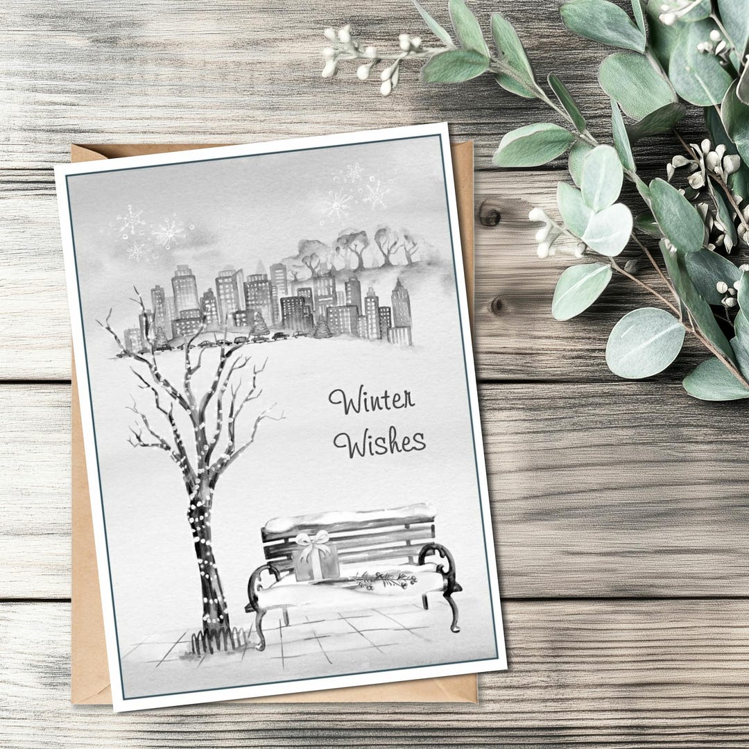 Winter Wishes Digital Christmas Card, Printable Winter Scene Card ...