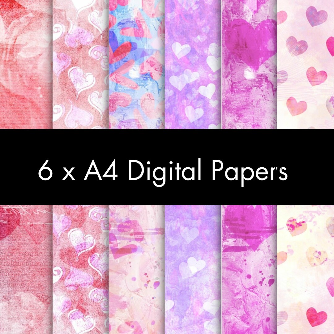 Valentines Day Digital Backgrounds, Hearts A4 Papers, Printable Craft ...