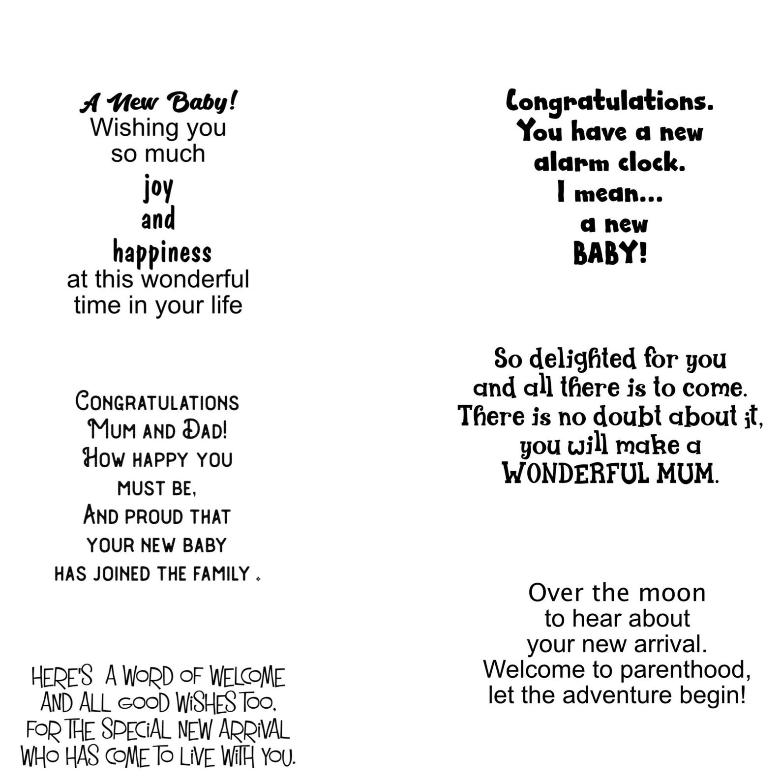 Printable Baby Card Inserts, Digital New Baby Greetings, Sayings for ...