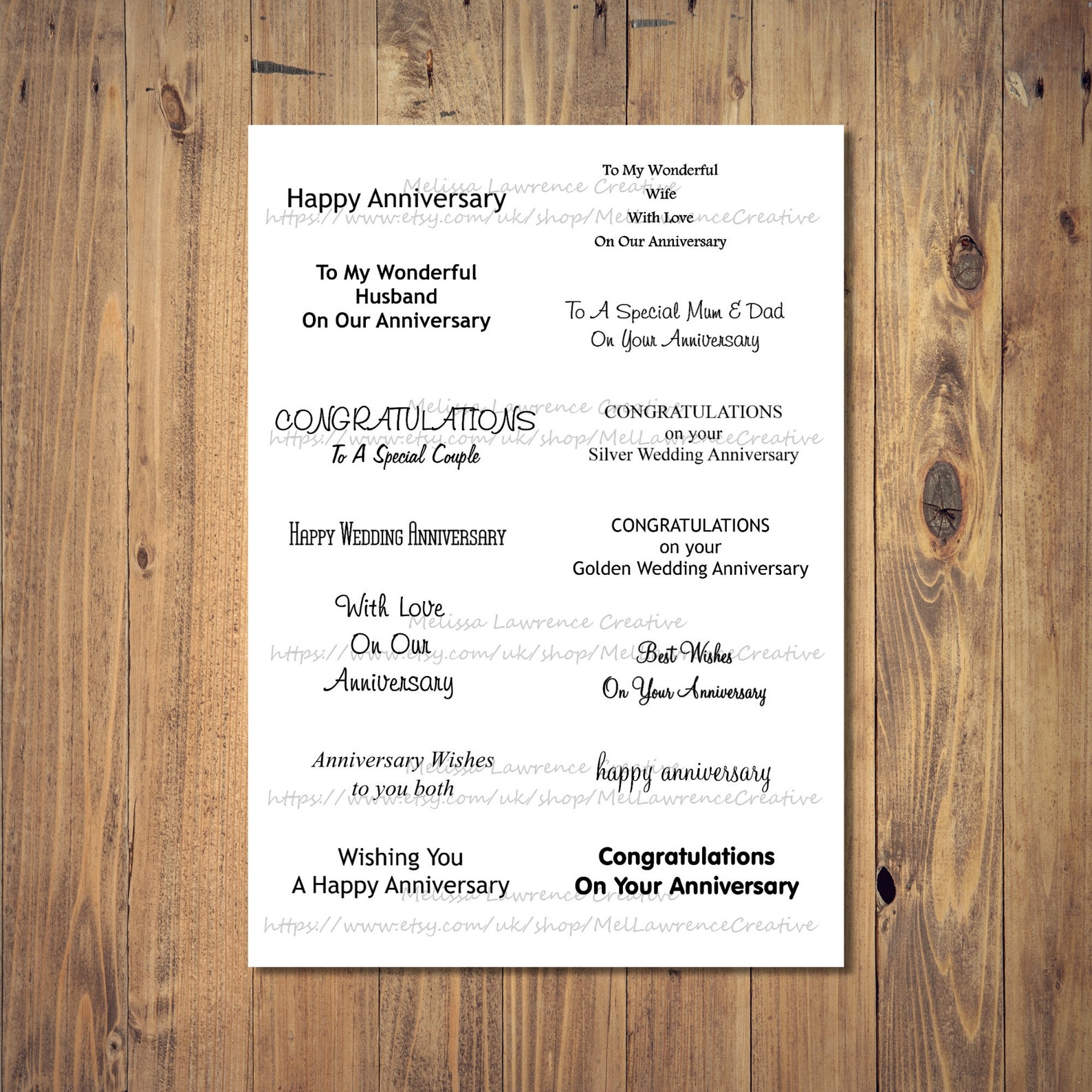 Anniversary Sentiments Digital Sheet, Printable Card Sentiments ...