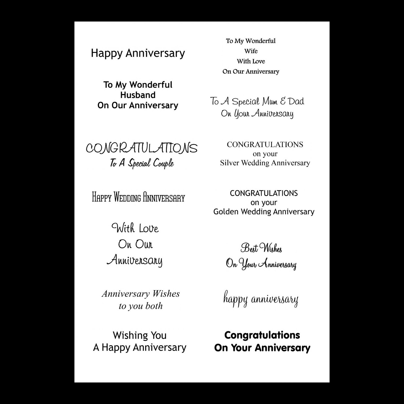 Anniversary Sentiments Digital Sheet, Printable Card Sentiments ...
