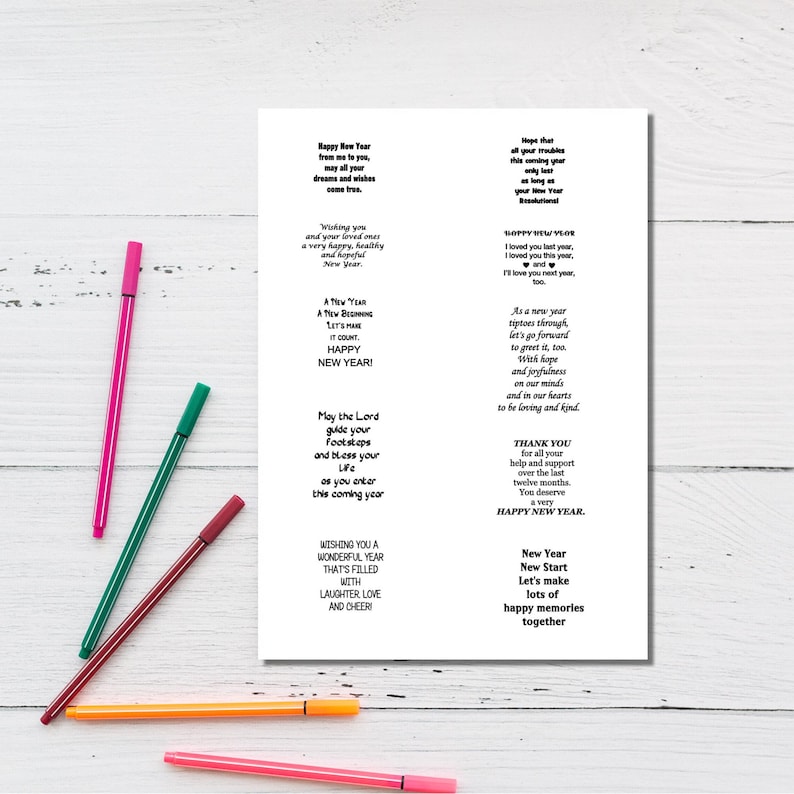 New Year Card Inserts Printable Sheet, New Year Sentiments Digital ...