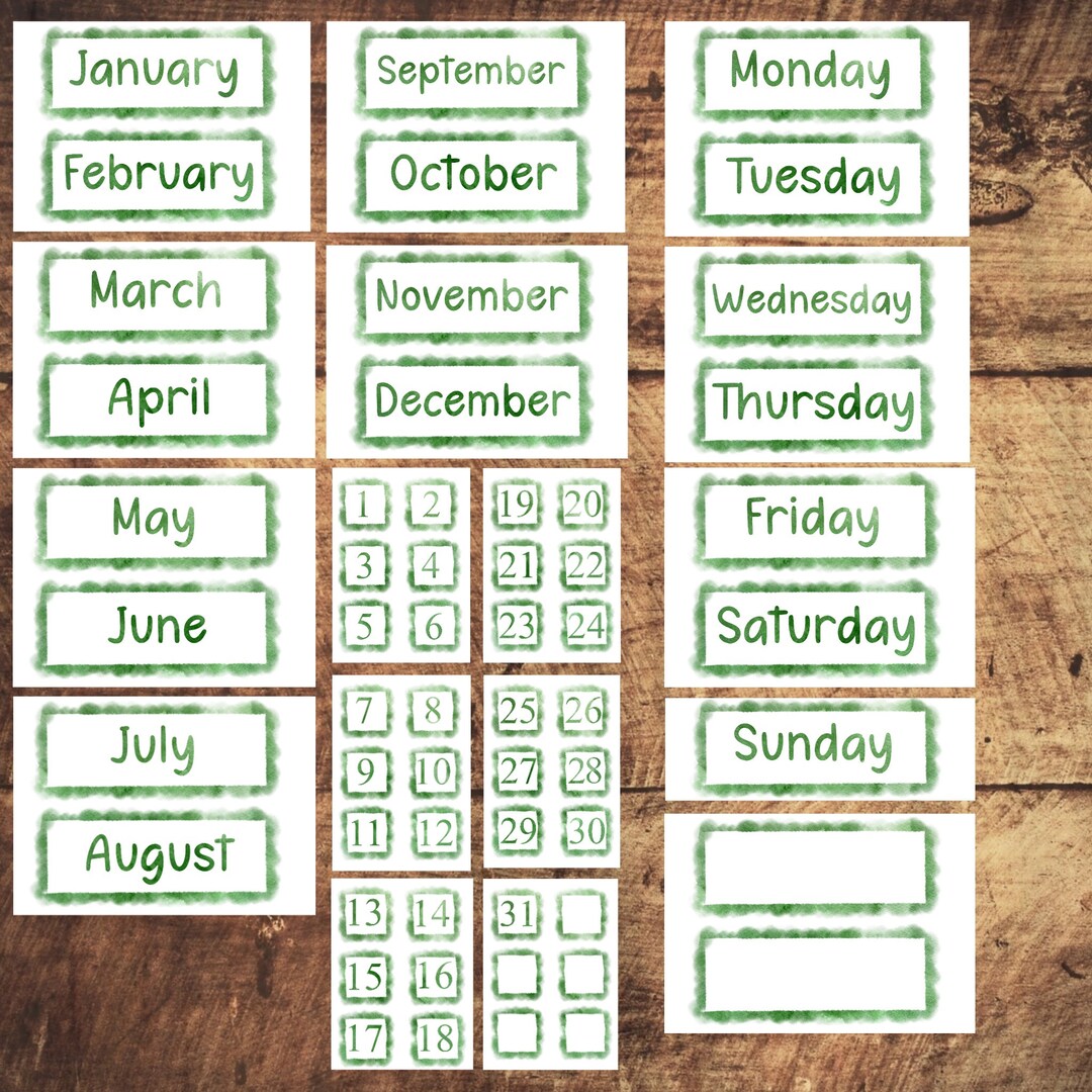 Green Watercolour Calendar Months of the Year Card Digital Download ...
