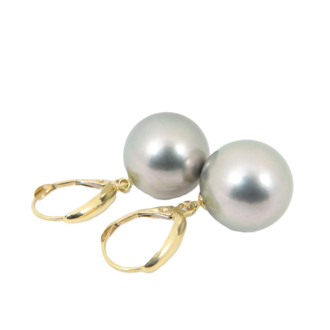 Genuine Tahitian Pearl Lever-back Earrings, 18K Solid Yellow Gold, Huge ...