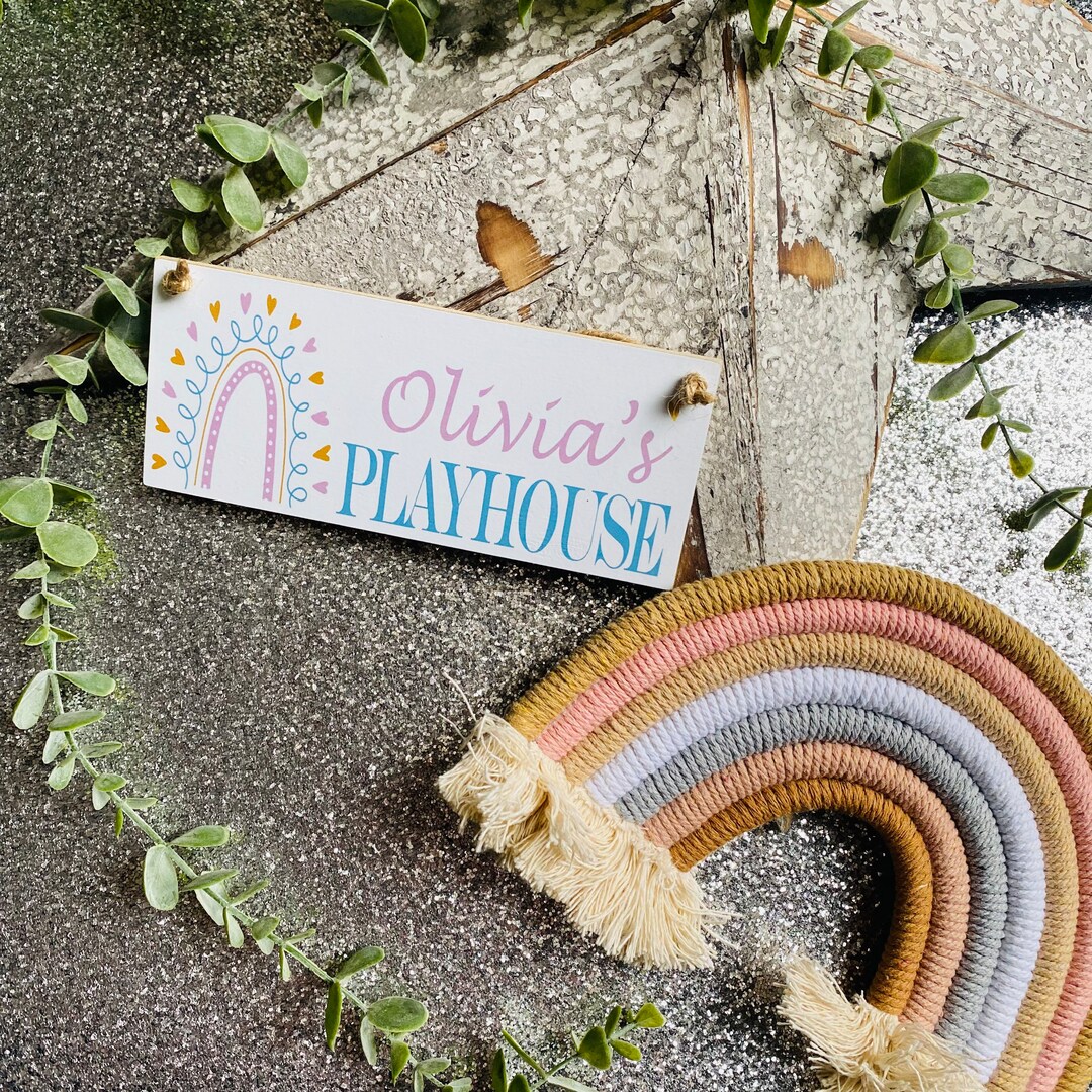 PERSONALIZED BEDROOM Playhouse Sign, Girls Sign, Yellow Heart, Rainbow ...