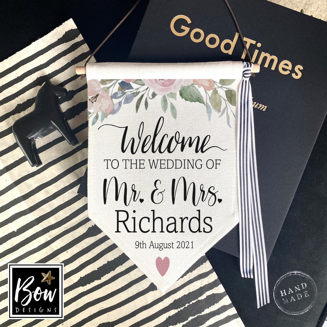 Welcome to the Wedding of , Personalised Linen Wedding Flag, Wedding ...