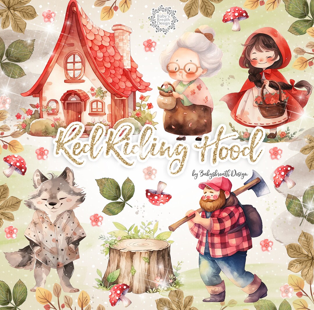 Watercolor Little Red Riding Hood Watercolor Clipart, Woodland Animals ...