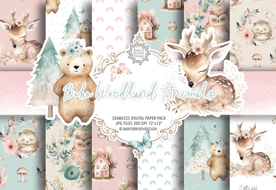 Boho Woodland Digital Paper Pack, Cute Woodland Animals Pattern, Baby ...