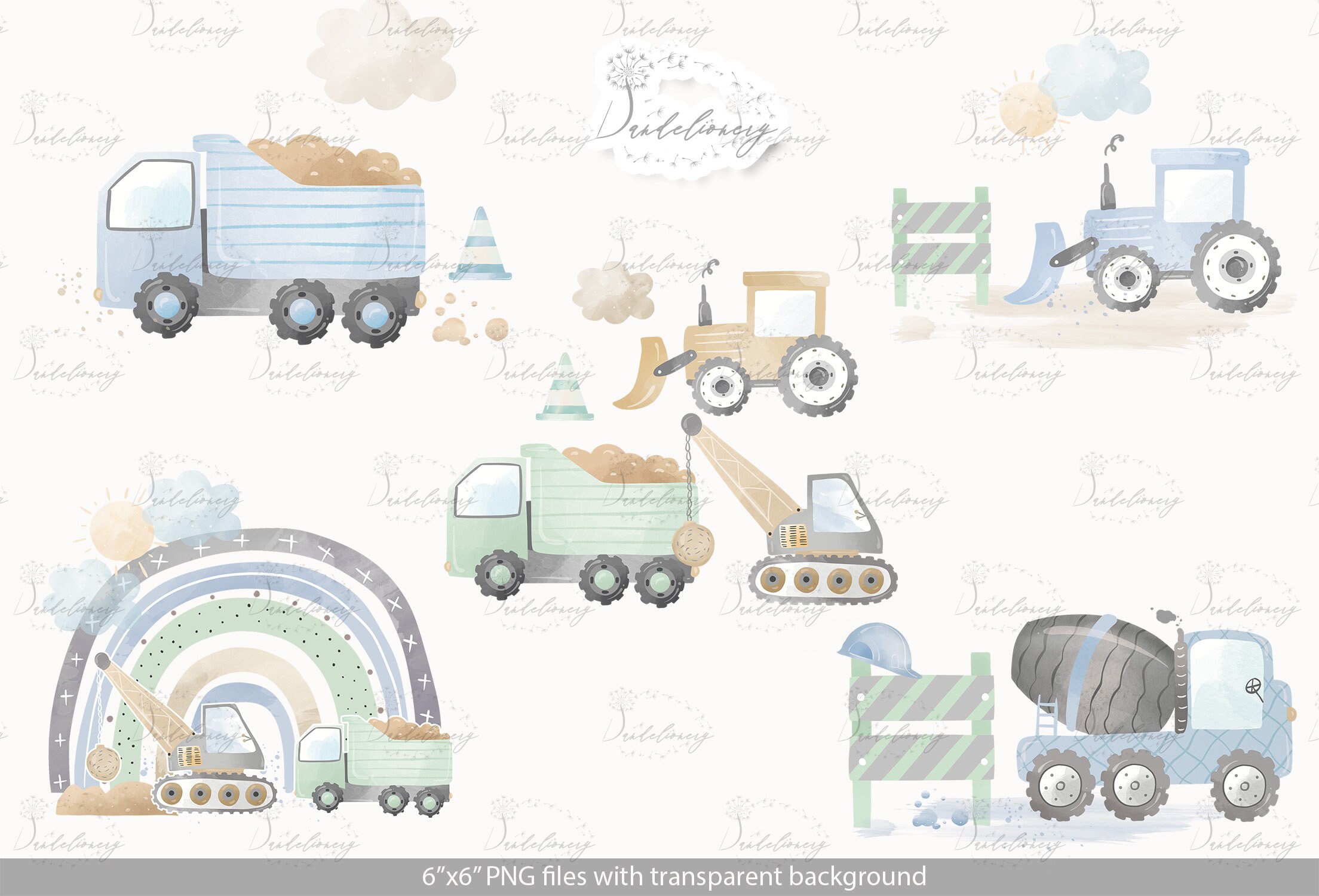 Watercolor Construction Diggers Clipart, Dump Truck, Bulldozer ...