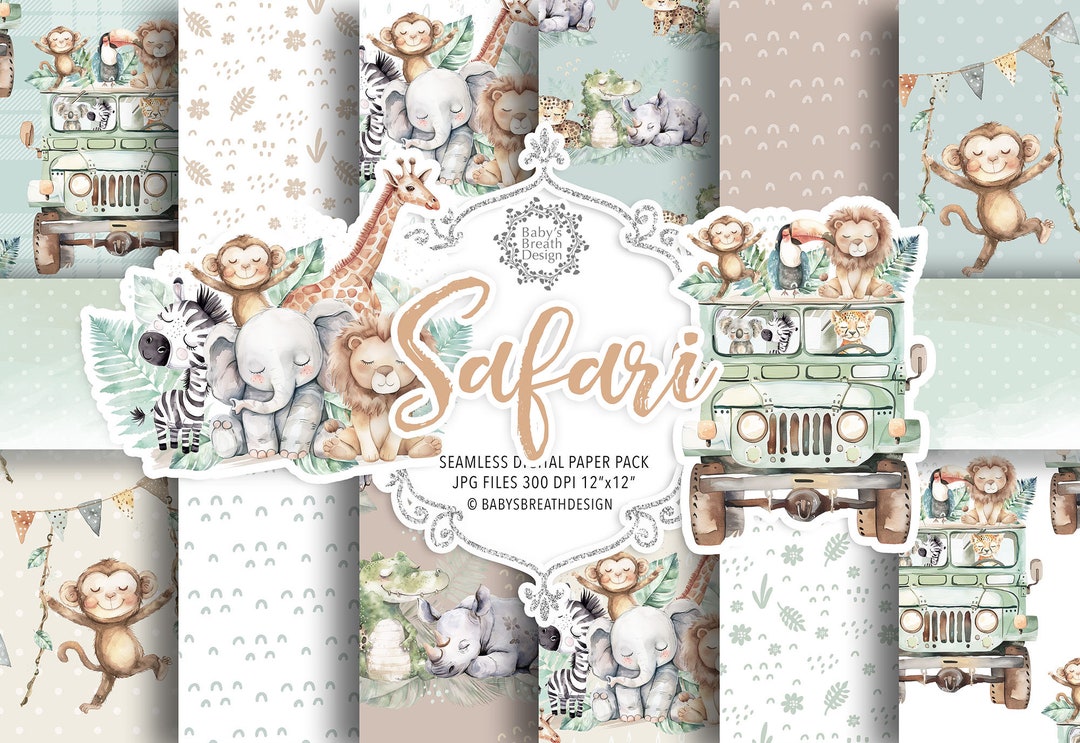 Sweet Safari Animals Digital Paper Pack, Watercolor Safari Nursery ...
