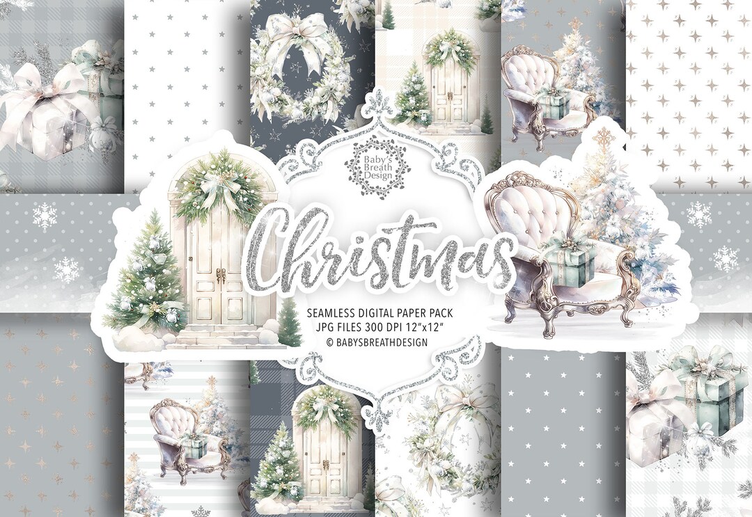 Antique White Christmas Digital Paper Pack, Xmas Pattern, Christmas ...