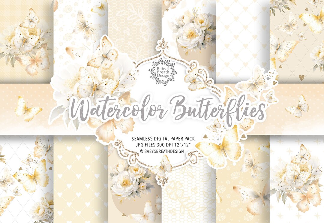 Gold Butterflies Digital Paper Pack, Spring Pattern, Flower Digital ...