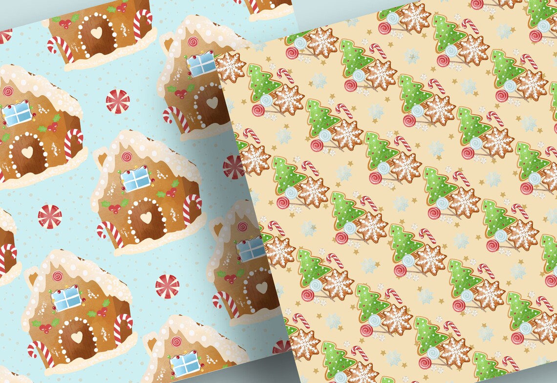 Gingerbread House Digital Paper Pack, Cute, Candy Cane, Christmas ...