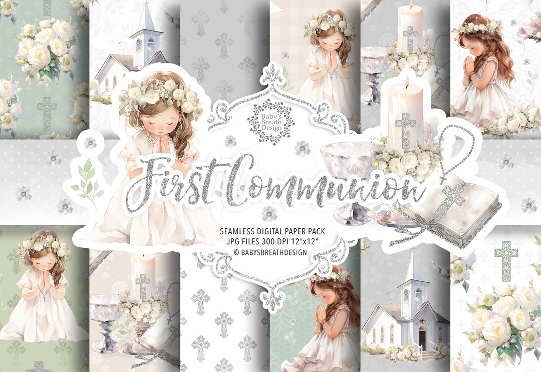 Watercolor First Communion Digital Paper Pack, Watercolor First ...