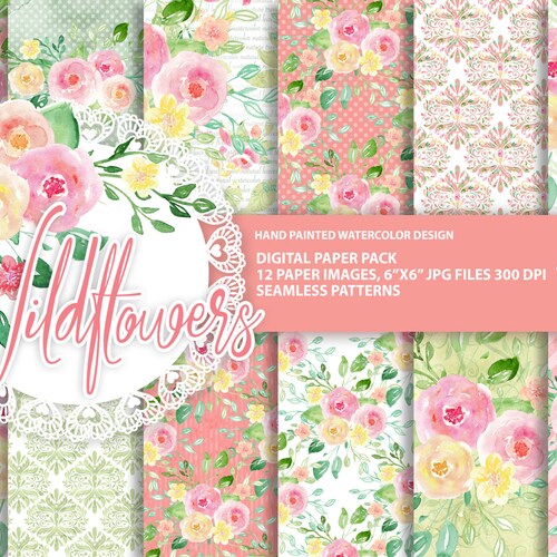 Yellow Digital Paper Rose Digital Paper Pack Floral | Etsy