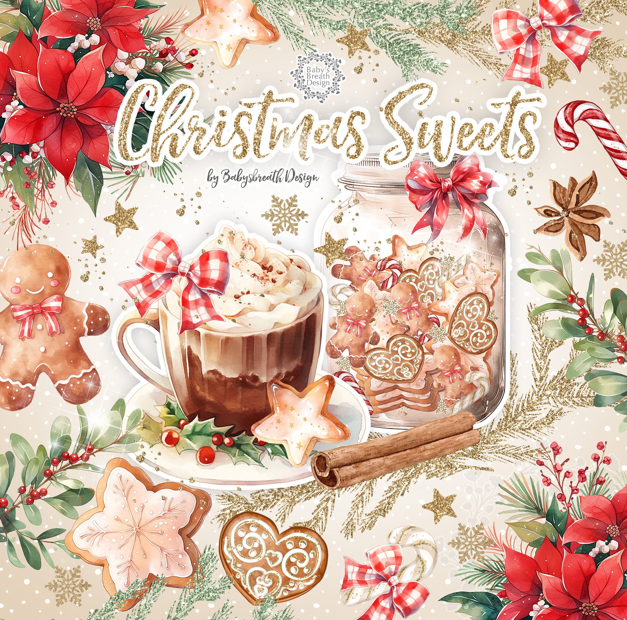 Watercolor Christmas Sweets Digital Design, Xmas Clipart, Christmas ...