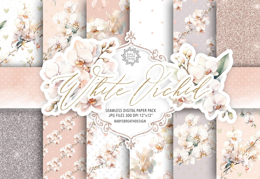 Watercolor Peach, White Orchid Digital Paper Pack, Spring Pattern ...