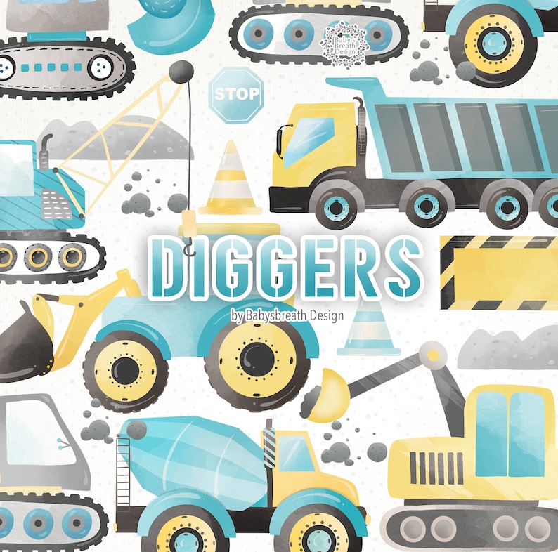 Watercolor Construction Diggers Clipart Dump Truck - Etsy
