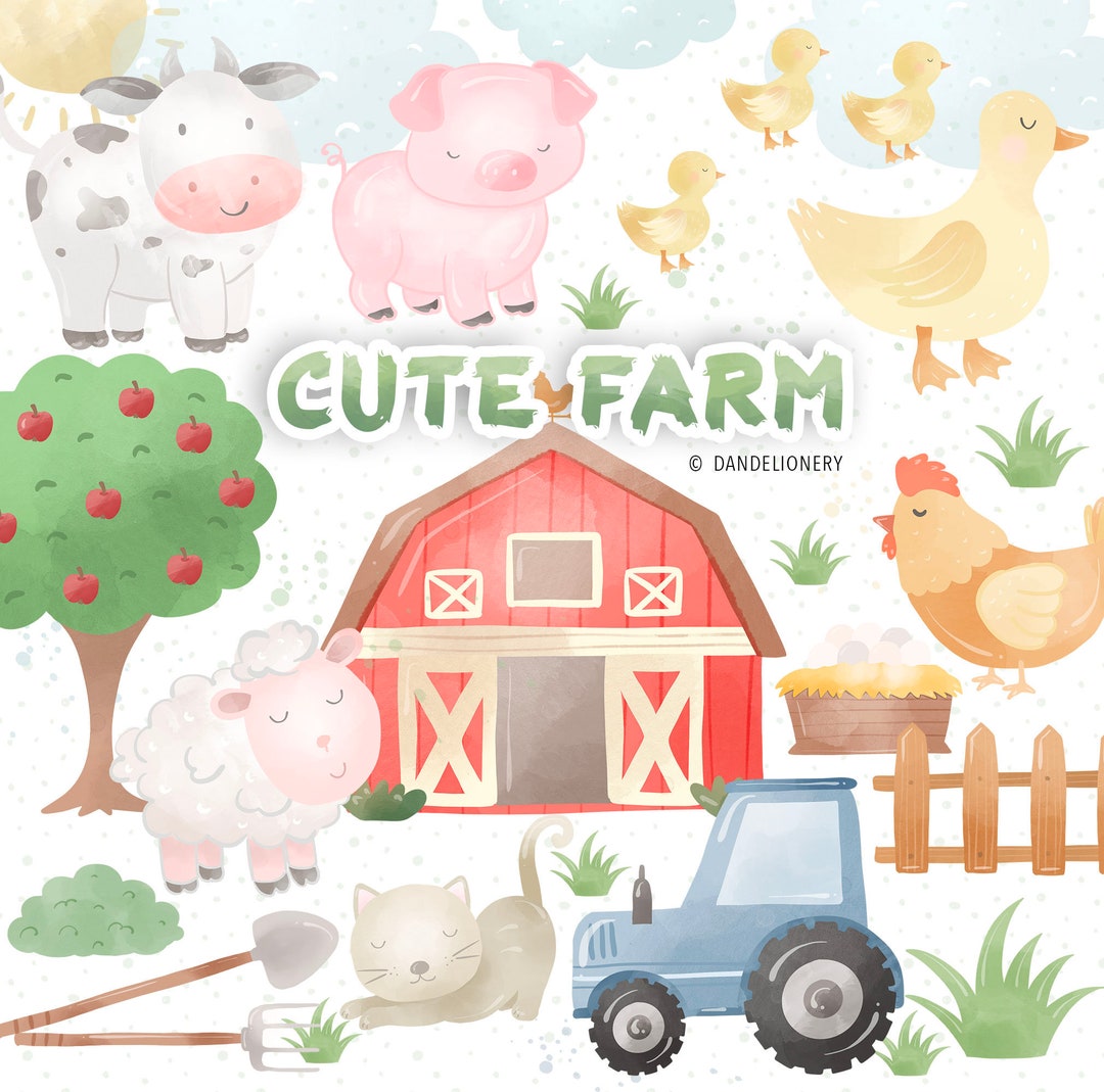 Watercolor Cute Farm Design, Nursery Clipart, Tractor, Sheep, Pig, Duck ...