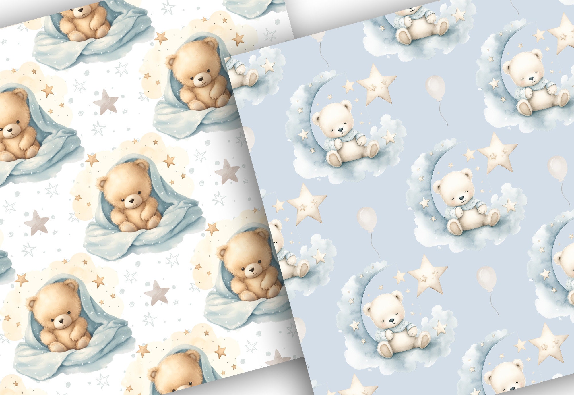 Blue Teddy Bear Digital Paper Pack, Sleepy Teddy Bears, Baby Bear, Cute ...