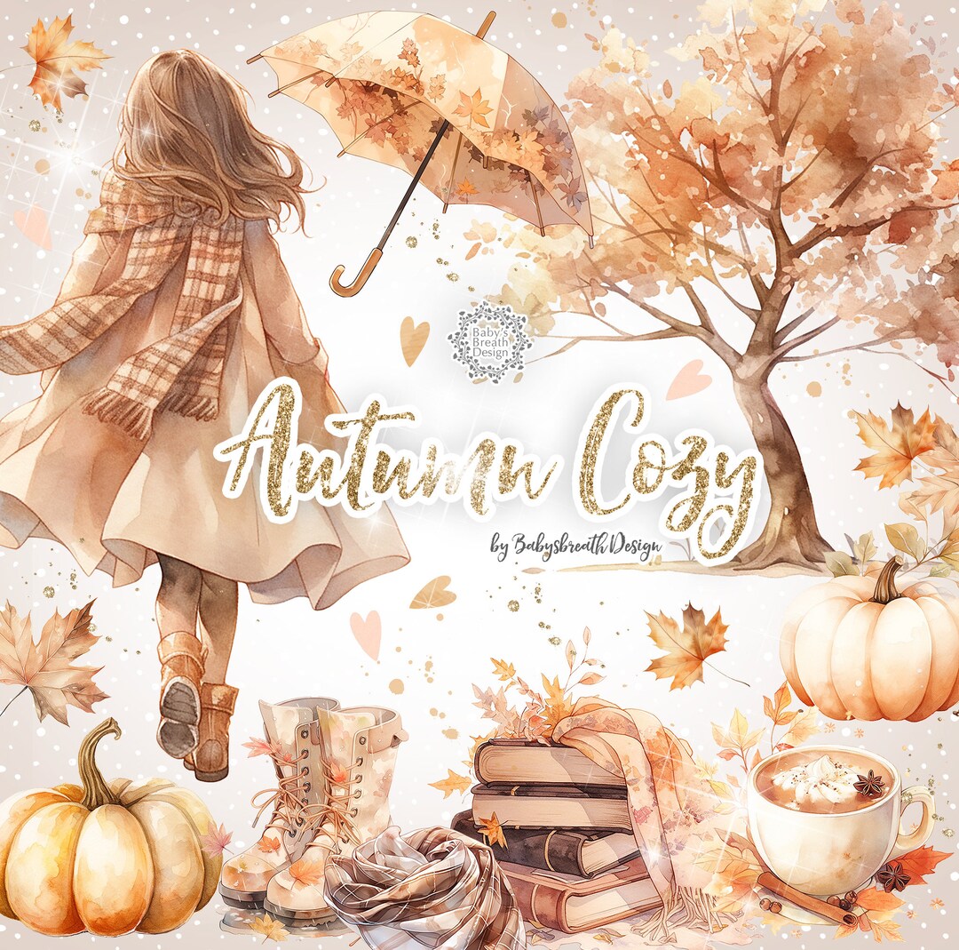 Watercolor Autumn Cozy Digital Design, Fall Clipart, Pumpkin Clipart ...