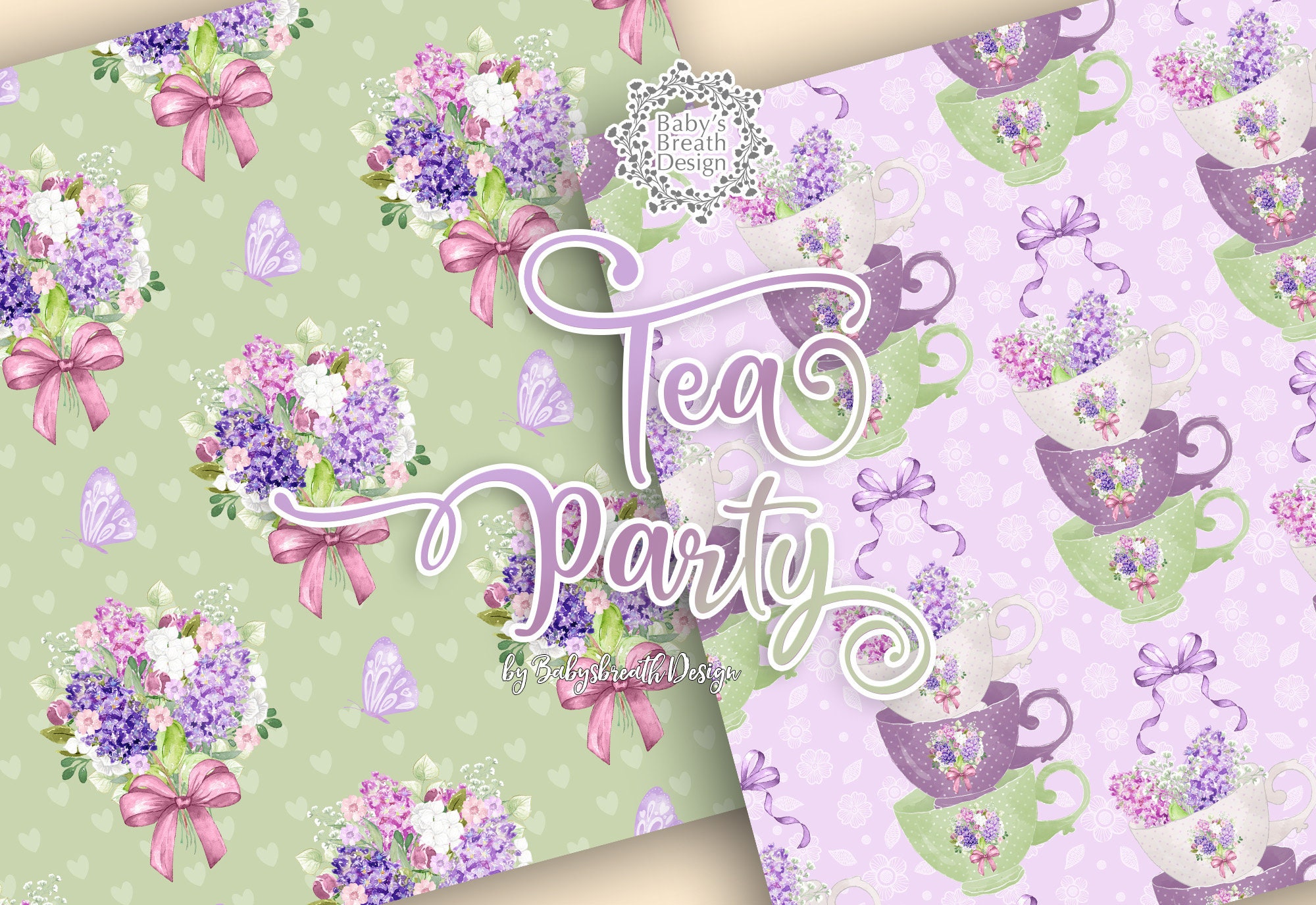 Watercolor Tea Party Digital Paper Pack, Tea Watercolor Flower, Purple ...