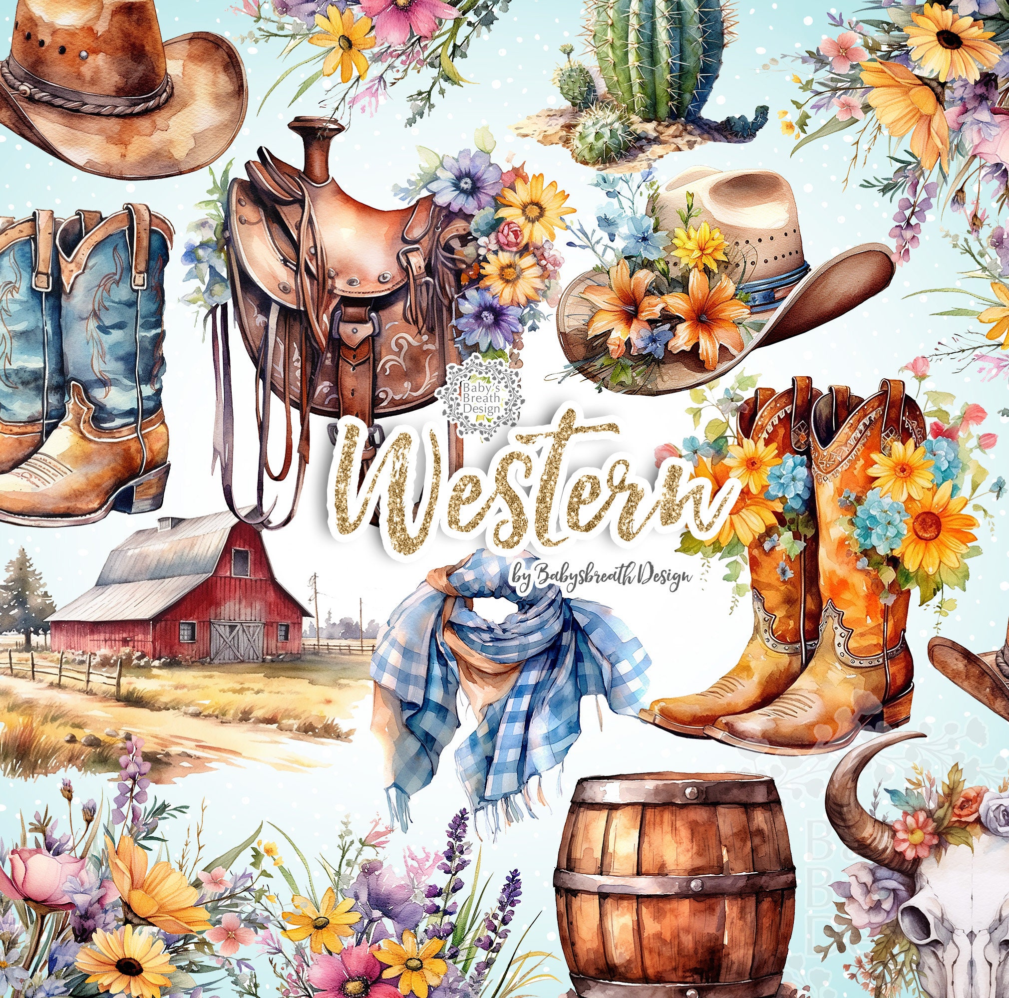 Watercolor Western Clipart, Country Clip Art, Country Hat, Wild Flower ...
