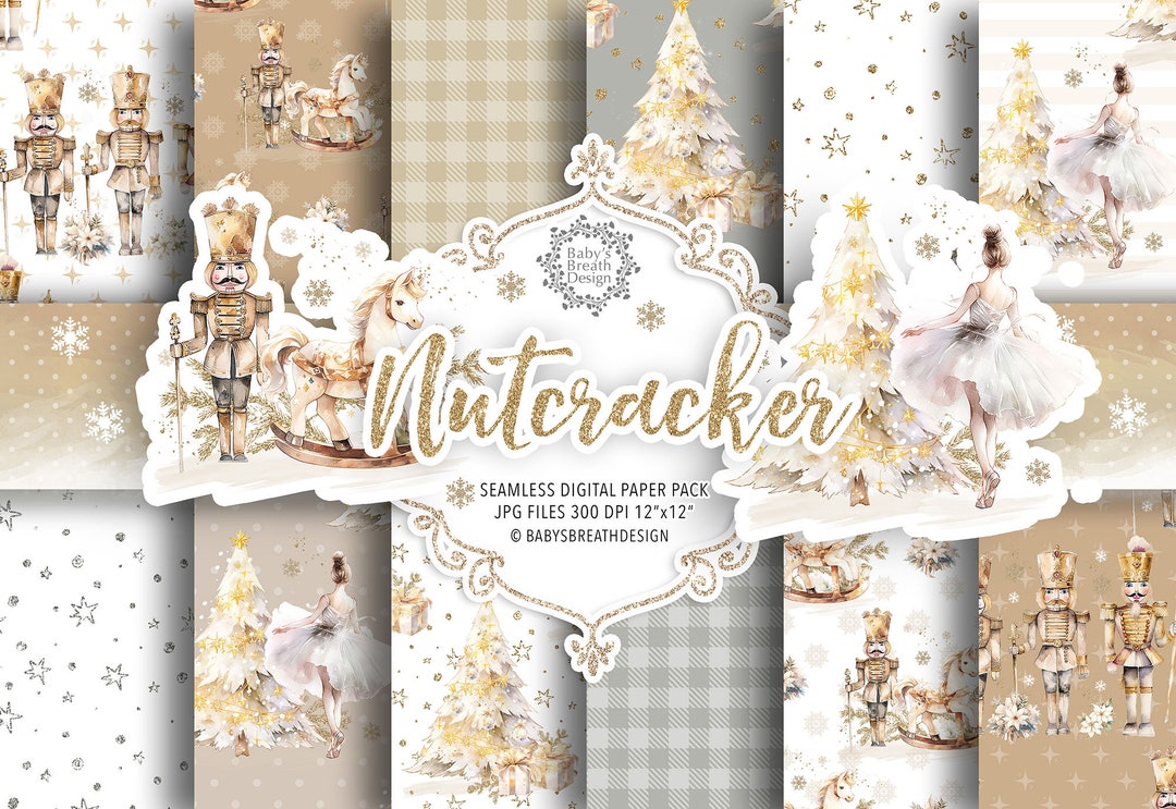 Nutcracker Christmas Gold Digital Paper Pack, Pattern, Cute Christmas ...