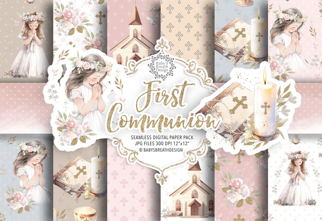 Watercolor First Communion Digital Paper Pack, Watercolor First ...