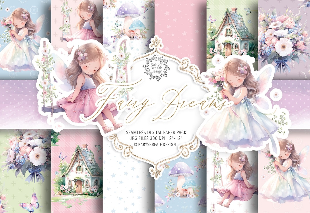 Watercolor Fairy Tale Digital Paper Pack, Fairy Pattern, Swing, Flower ...