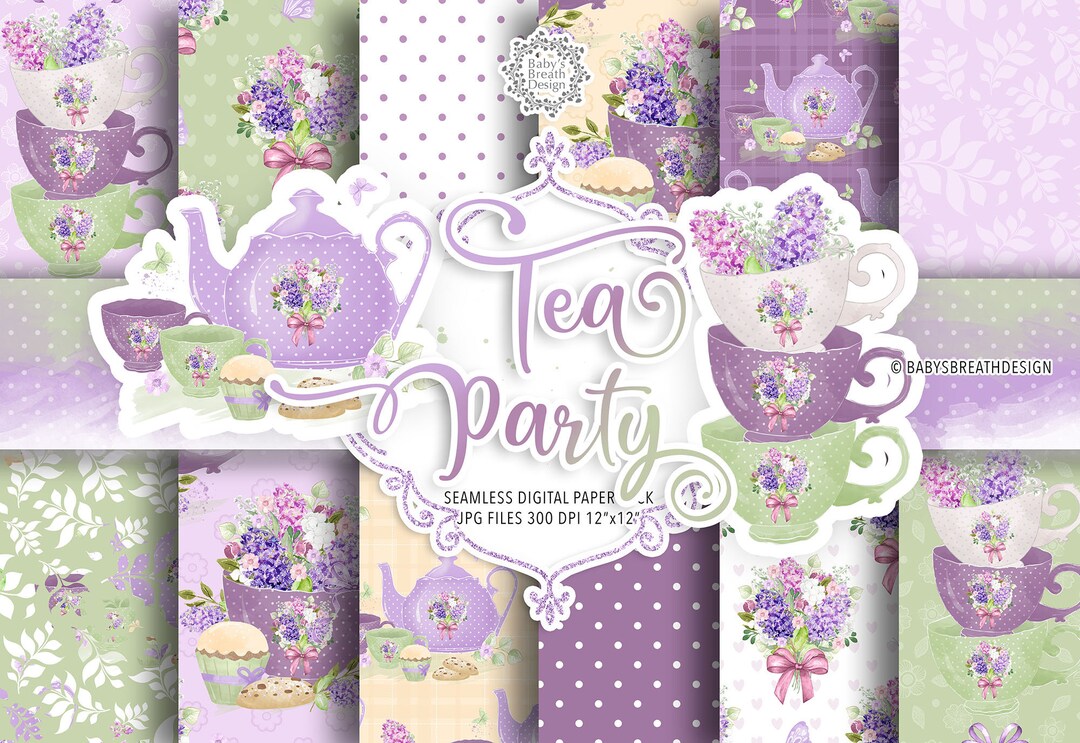 Watercolor Tea Party Digital Paper Pack, Tea Watercolor Flower, Purple ...