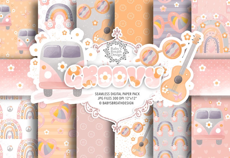 Groovy Design Retro Digital Paper Pack, Rainbow, Rainbow Clipart ...