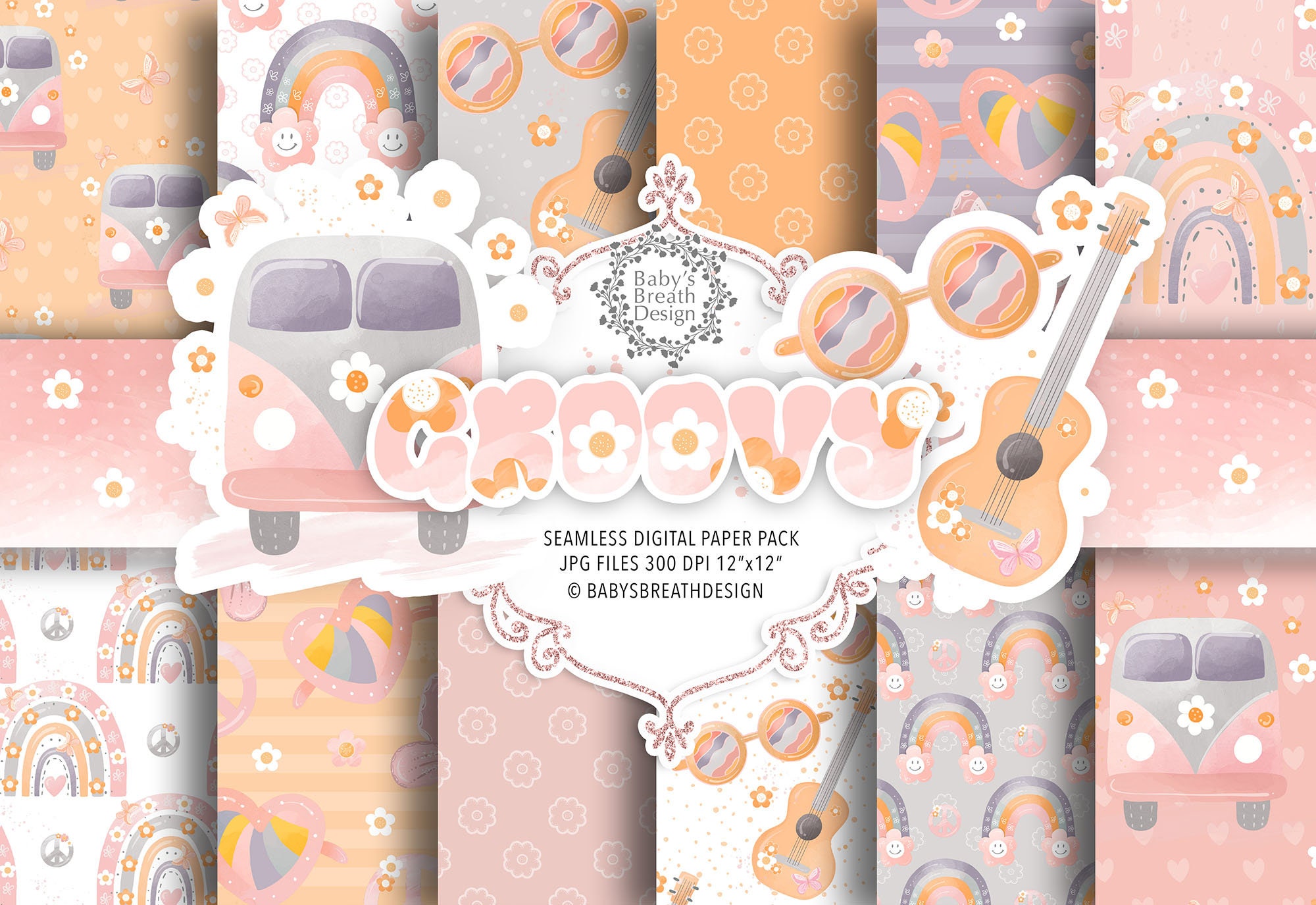 Groovy Design Retro Digital Paper Pack, Rainbow, Rainbow Clipart ...