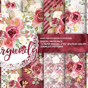 Burgundy Digital Paper Pack Watercolor Burgundy Peony Seamless Patterns ...