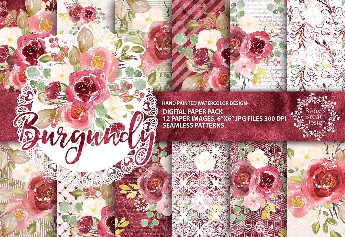 Burgundy Digital Paper Pack Watercolor Burgundy Peony Seamless - Etsy