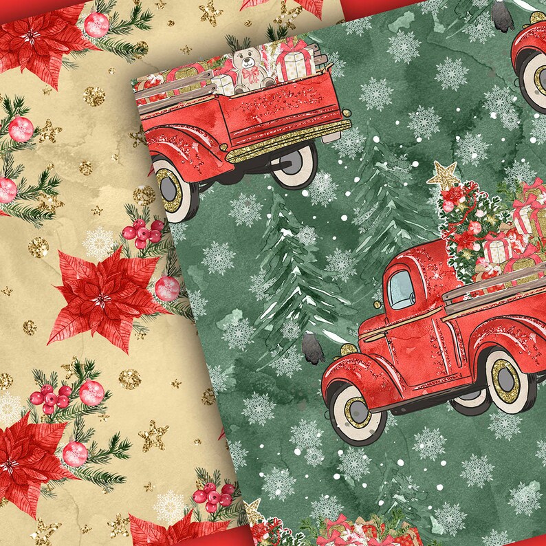 Christmas Car Digital Paper Pack, Christmas Tree, Poinsettia, Christmas ...