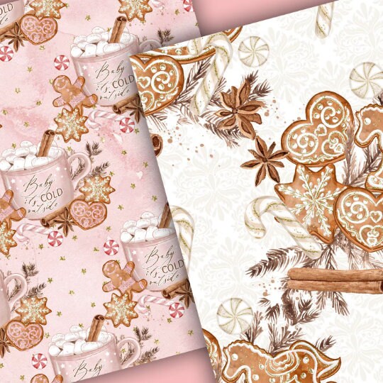 Gingerbread Watercolor Pink Digital Paper, Christmas Clipart, Cute ...