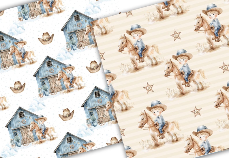 Watercolor Cute Cowboy Digital Paper Pack, Baby Cowboy Pattern, Wild ...