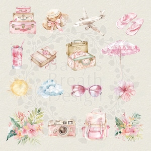 Girly Travel Clipart Set, Blush Pink Travel Clipart, Watercolor ...