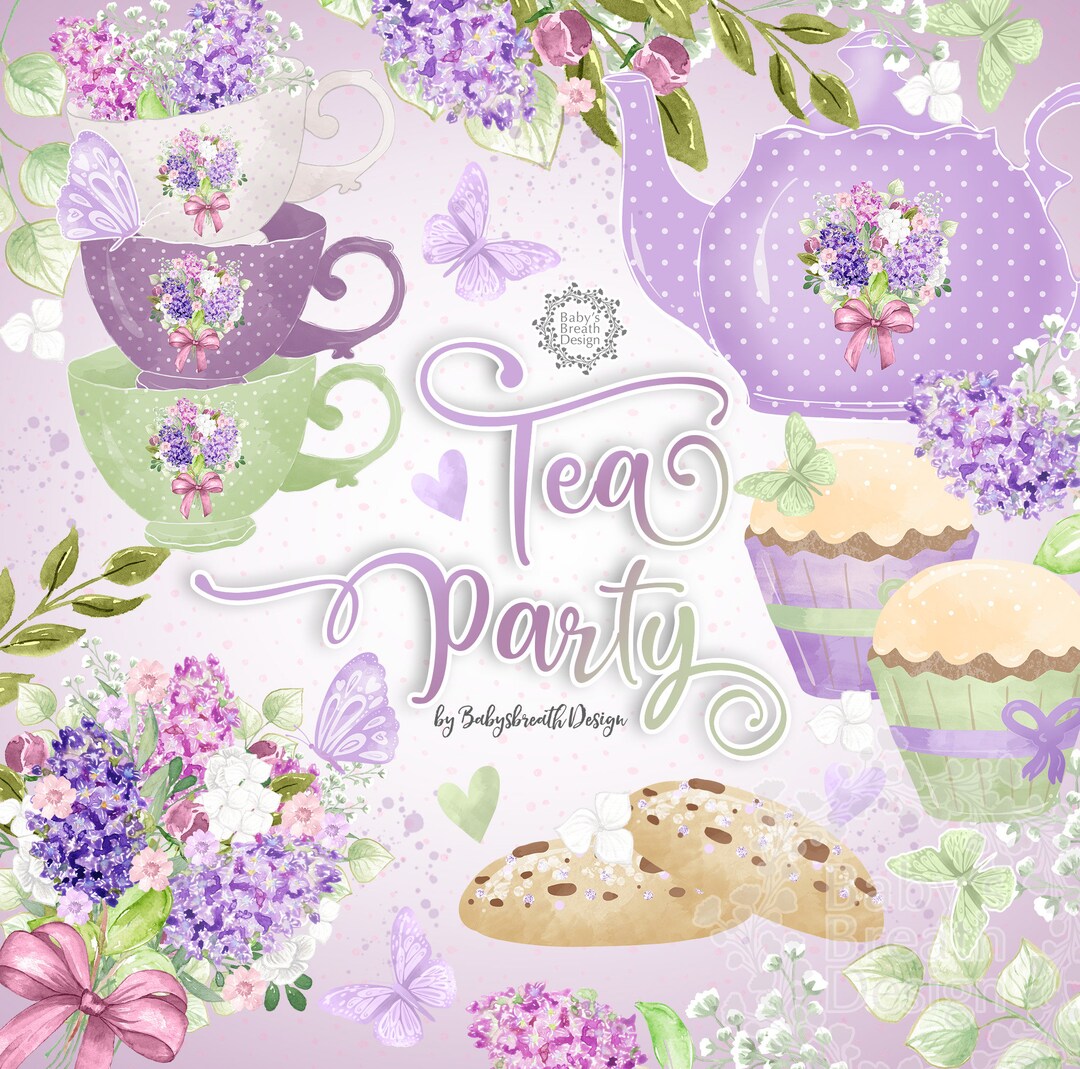 Watercolor Tea Party Design, Tea Watercolor Flower, Purple, Floral ...