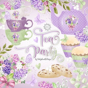 Watercolor Tea Party Design, Tea Watercolor Flower, Purple, Floral ...