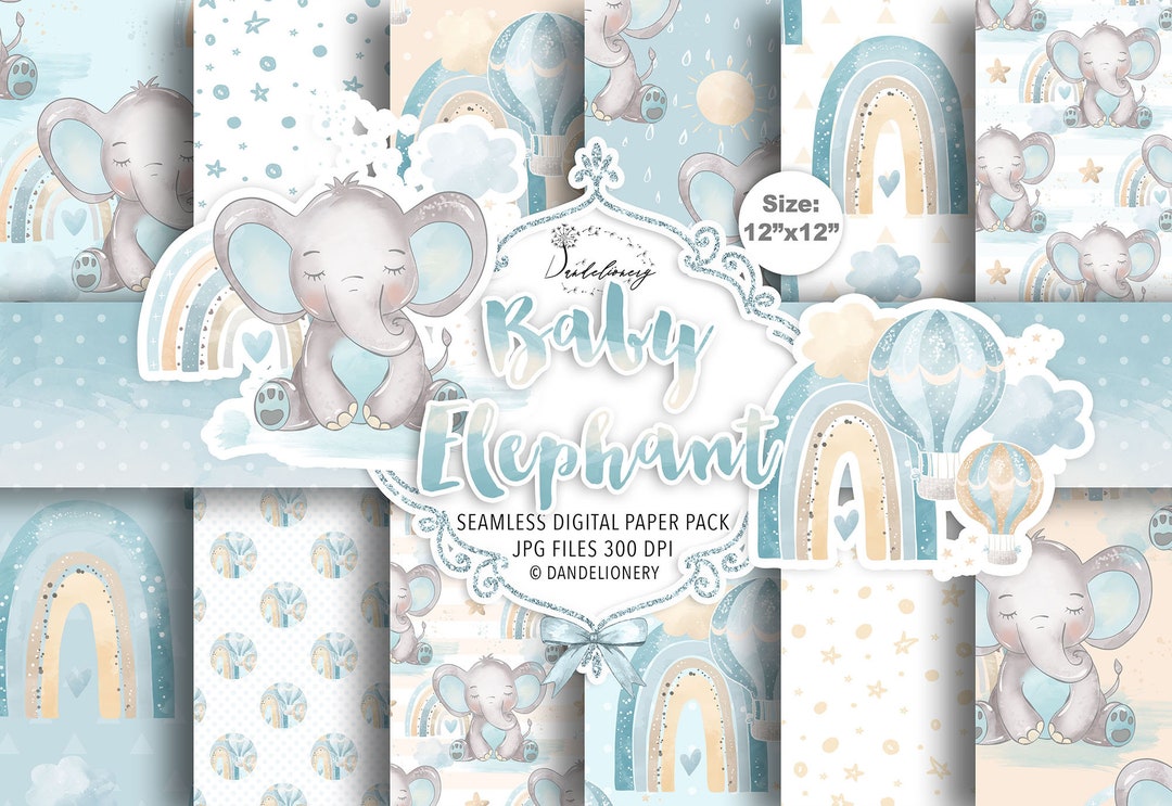 Watercolor Baby Elephant Digital Paper Pack Boy, Rainbows Digital Paper ...