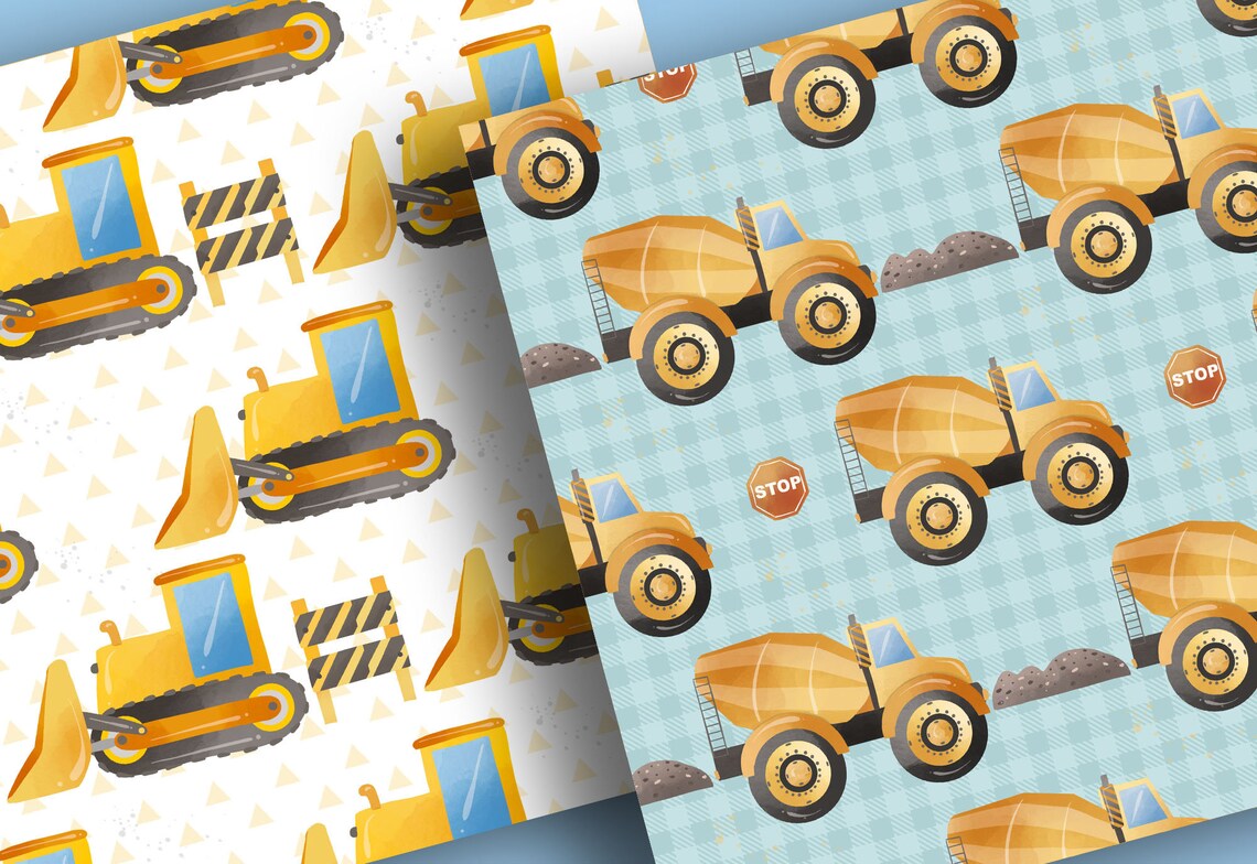 Watercolor Construction Diggers Digital Paper Pack, Dump Truck ...