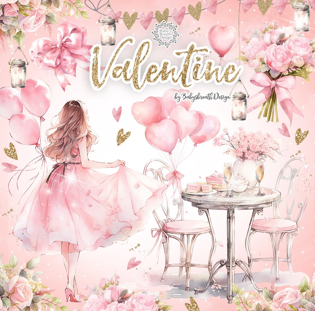 Watercolor Pink Valentines Digital Design, Valentine Clipart, Romantic ...