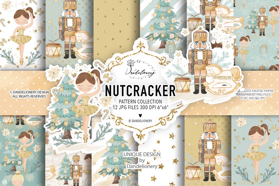 Watercolor Nutcracker Gold Digital Paper Pack, Xmas Pattern, Christmas ...