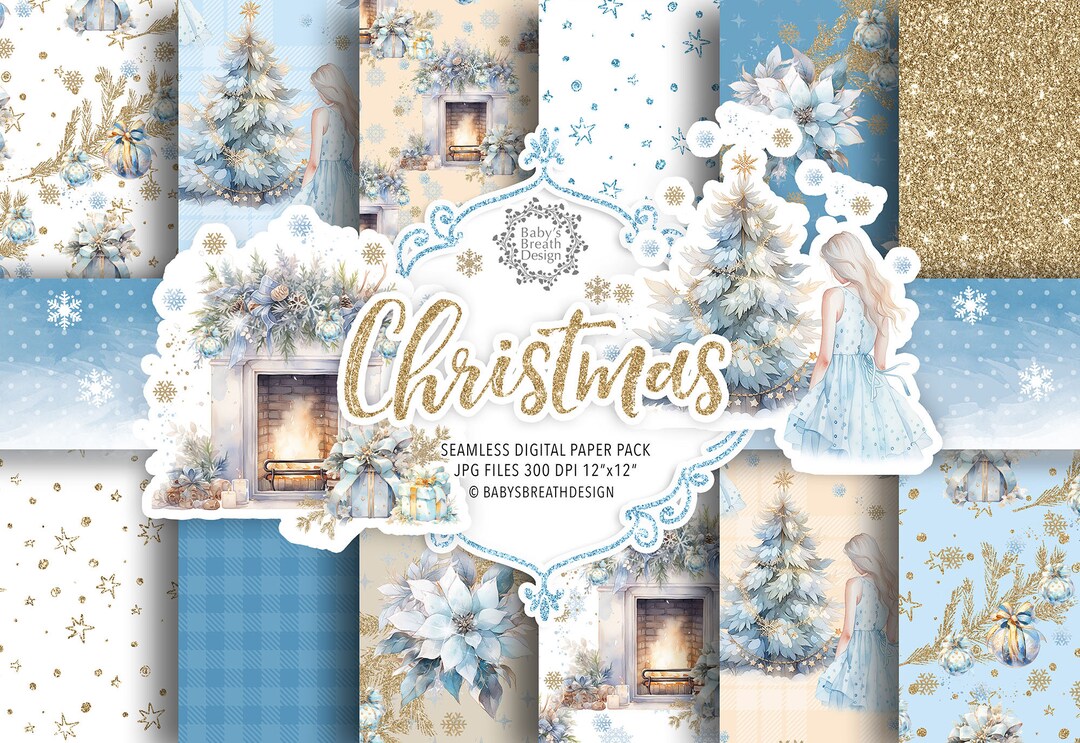 Blue Christmas Digital Paper Pack, Xmas Clipart, Cute Christmas Pattern ...
