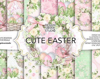 Watercolor CUTE EASTER Digital Paper Pack, Bird, Easter Flowers Digital ...