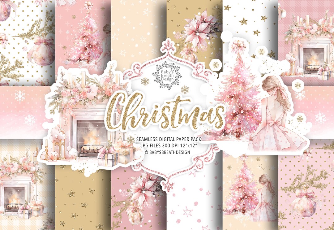 Pink Christmas Digital Papers, Xmas Clipart, Cute Christmas Pattern ...