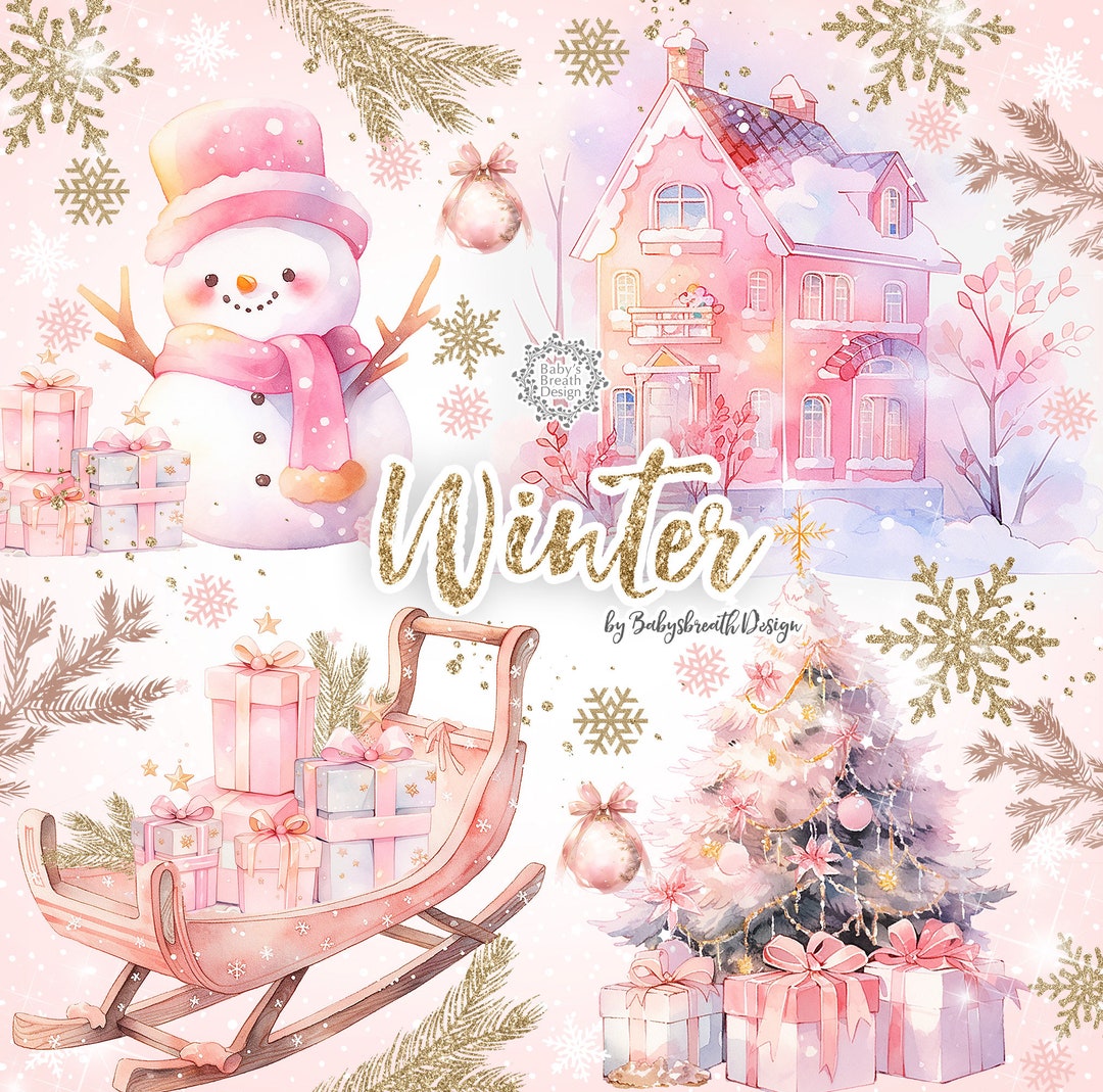 Pink Winter Digital Design, Xmas Clipart, Cute Christmas Clipart ...